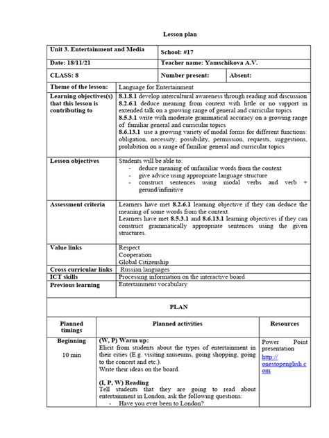English Grade 8 Unit 3 Entertainment And Media Entertainment Lesson Plan Version 1