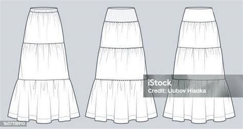 티어드 스커트 테크니컬 패션 일러스트레이션 세트 다른 허리띠 패션 플랫 기술 도면 템플릿 갈비뼈 지퍼 탄성 밴드 정면도 흰색 여성 Cad 모형 세트와 맥시 스커트 0명에