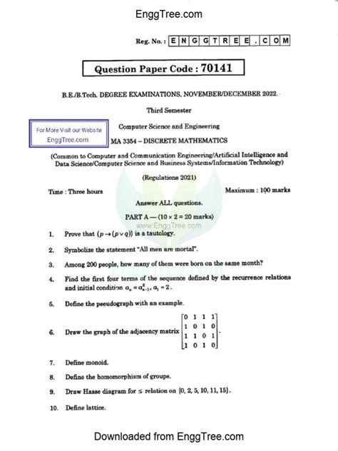Discrete Mathematics Ma3354 2021 Regulation Question Paper 2022 Nov Dec Pdf Engineering