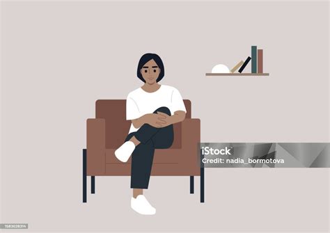 가죽 안락의자에 앉아 쉬고 있는 젊은 백인 캐릭터 두 손으로 무릎을 잡고 있는 편안하고 자신감 있는 포즈 앉음에 대한 스톡 벡터