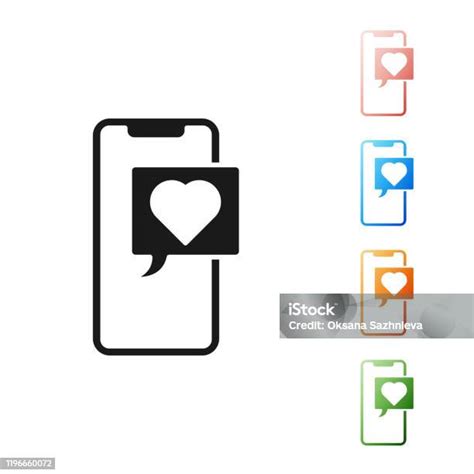 심장 이모티콘 음성 거품 검은 스마트 폰흰색 배경에 고립 된 화면 아이콘에 메시지를 얻을 발렌타인 다채로운 아이콘을 설정합니다 벡터 일러스트레이션 개념에 대한 스톡 벡터