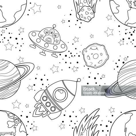 유치 한 원활한 공간 패턴 행성 Ufo 로켓 그리고 별 흰색 바탕에 검은 실루엣 검은색에 대한 스톡 벡터 아트 및 기타 이미지 검은색 경외감 과학 Istock
