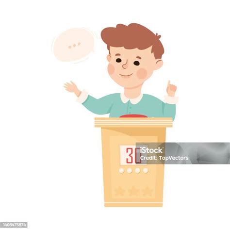 퀴즈 게임을하는 어린 소년 또는 마인드 스포츠 프레스 버튼에 서서 질문에 대답하는 벡터 일러스트 레이 션 개념에 대한 스톡 벡터 아트 및 기타 이미지 Istock
