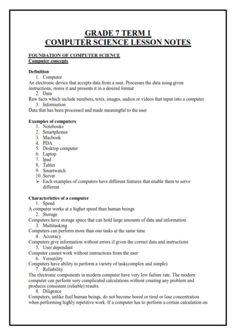 grade 7 computer science lesson notes term 1 elimu cloud notes