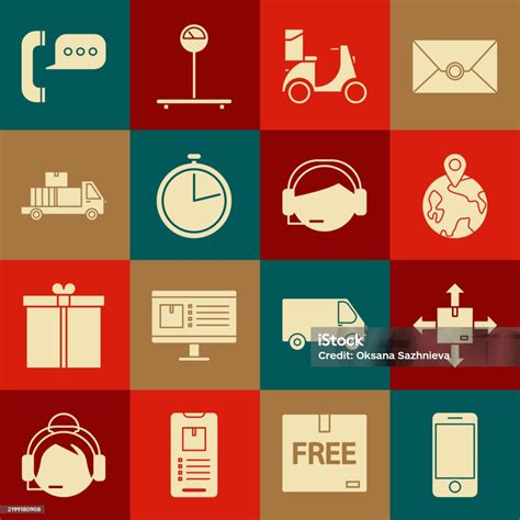 앱 배송 추적 전세계 스쿠터 스톱워치 배달 트럭 판지 상자 전화 말풍선 채팅 및 지원 운영자 터치 아이콘으로 휴대폰을 설정합니다 벡터 0명에 대한 스톡 벡터 아트 및 기타