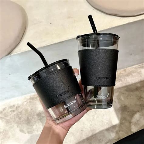 뚜껑이 달린 크리에이티브 유리 커피 빨대 컵 내열성 물병 맥주 차 음료 용기 빨대가 달린 커플 커피 머그잔 350ml