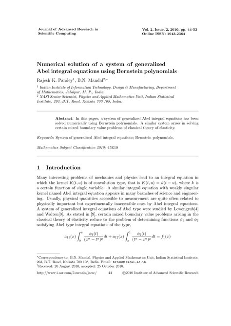 Pdf Numerical Solution Of A System Of Generalized Abel Integral Equations Using Bernstein