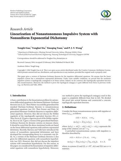 Pdf Linearization Of Nonautonomous Impulsive System With Nonuniform Exponential Dichotomy