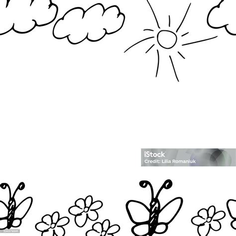낙서 테두리 아래쪽 꽃과 나비 위쪽 구름과 태양 벡터 일러스트 레이 션 그래픽 기반 패브릭 식기 엽서 개념에 대한 스톡 벡터 아트 및 기타 이미지 Istock