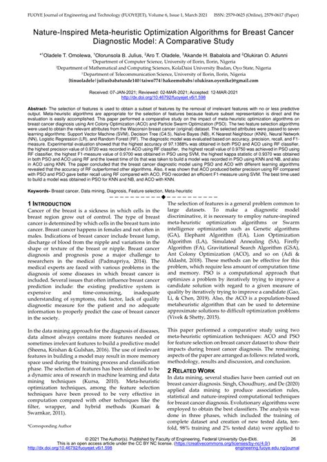 Pdf Nature Inspired Meta Heuristic Optimization Algorithms For Breast Cancer Diagnostic Model