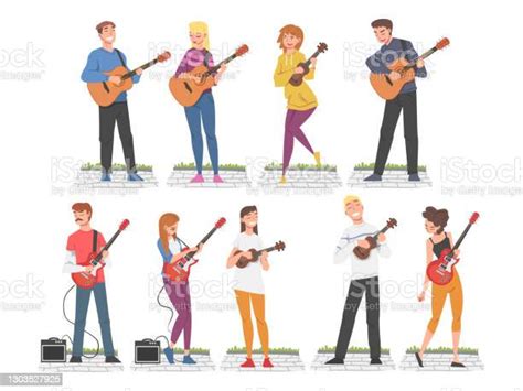 악기 세트 라이브 퍼포먼스 컨셉 만화 스타일 벡터 일러스트레이션을 연주하는 피플 스트리트 뮤지션 거리에 대한 스톡 벡터 아트 및