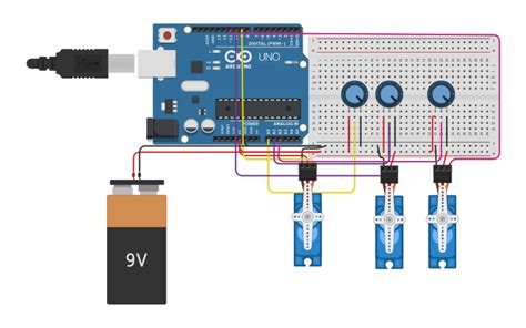 Circuit Design 3 Servomotores Y 3 Potenciometros Tinkercad