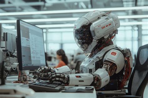 Robots And Humans Collaborate In Futuristic Office Space Stock Image Image Of Office
