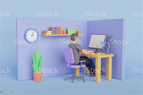 노트북 앞에 앉아있는 3d 남자 남자는 컴퓨터에서 일합니다 깨끗하고 세련된 사무실 책상에서 노트북 컴퓨터에서 일하는 양복을 입은 직원 3d 렌더링 3차원 형태에 대한 스톡