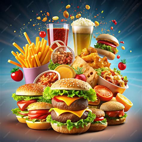 A Picture Of A Pile Of Different Types Of Food Including Burgers Fries