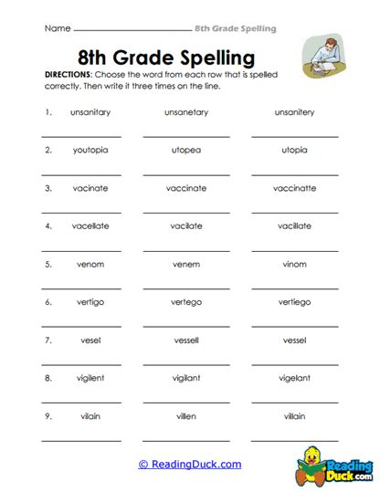 8th Grade Spelling Worksheets Reading