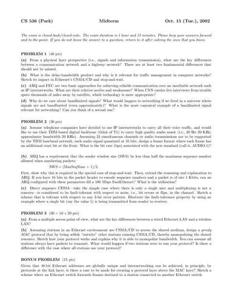 Midterm Problems Data Communication And Computer Networks Cs 53600