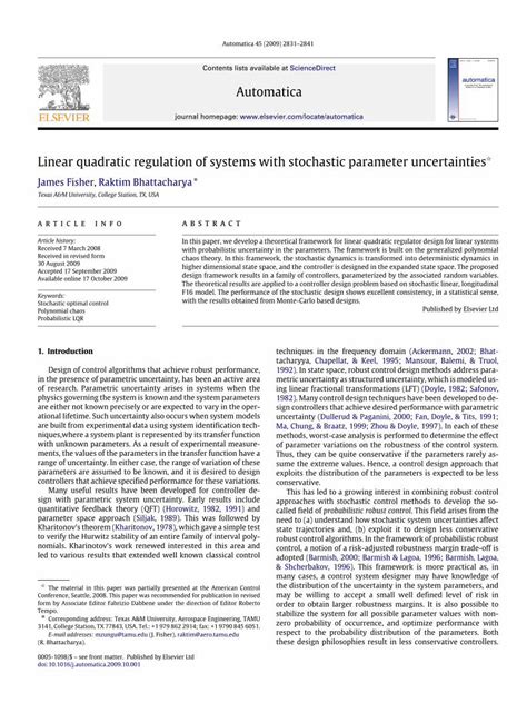 PDF Linear Quadratic Regulation Of Systems With Stochastic Parameter Uncertainties DOKUMEN TIPS