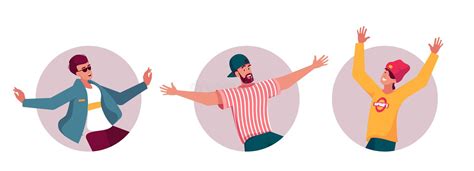 Positive Men In Trendy Clothes Jumping Isolated Round Icons Or Avatars