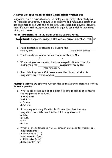 Magnification Worksheet A Level Biology Magnification Calculations Worksheet Magnification Is