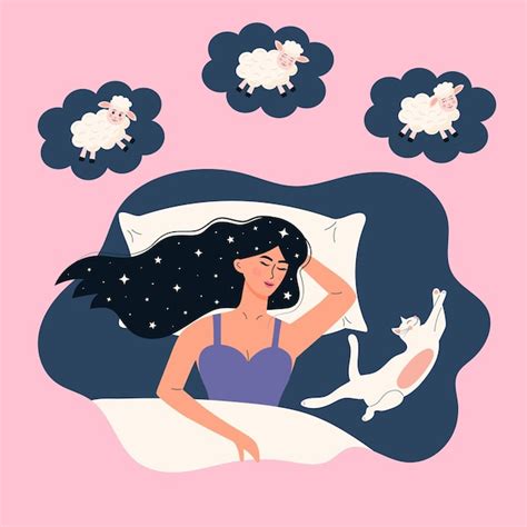 Premium Vector Girl With Hair In Stars Is Lying In Bed With White Cat