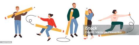 연필을 들고 서 있는 납작한 학생 큰 연필을 가진 사람들 캐릭터는 연필로 그립니다 교육 개념입니다 남자에 대한 스톡 벡터 아트