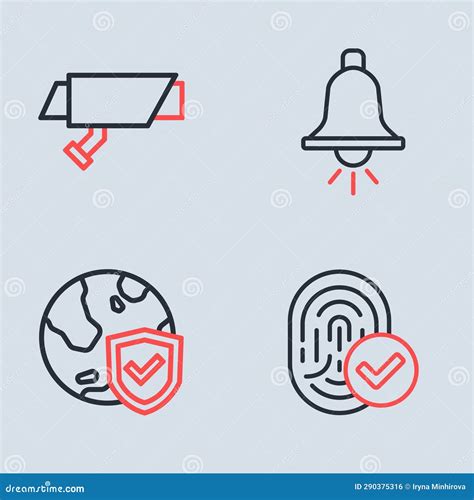 Set Line Ringing Alarm Bell Shield With World Globe Fingerprint And Security Camera Icon