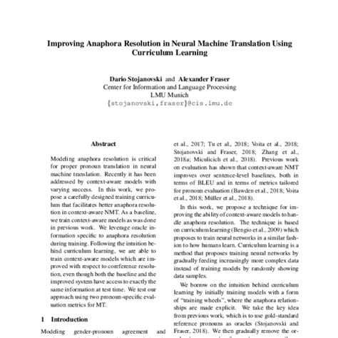 Improving Anaphora Resolution In Neural Machine Translation Using Curriculum Learning Acl