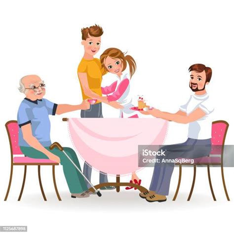 가족 가정 행복 한 사람들이 함께 음식을 먹고 아들 아빠 치료 할아버지 식탁에 앉아 저녁을 먹고 Sanior 남자 잡고 티 어린이 커플 포옹 벡터 일러스트 레이 션과