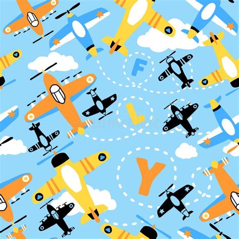 Seamless Pattern Vector Of Airplane Cartoon Flight Elements Illustration Stock Vector