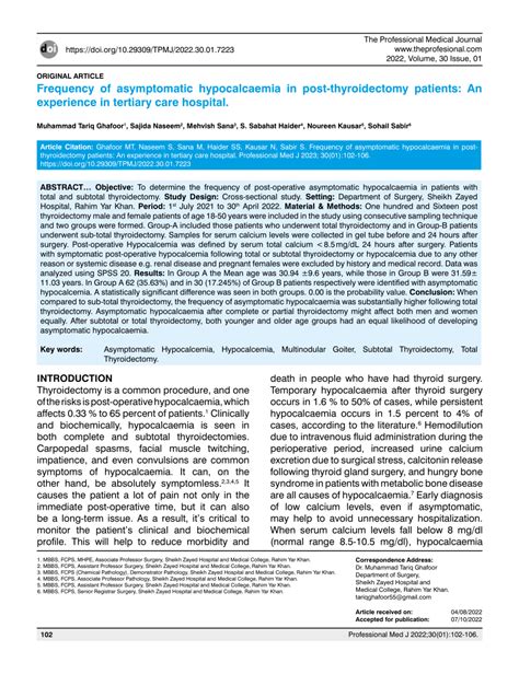 Pdf Frequency Of Asymptomatic Hypocalcaemia In Post Thyroidectomy Patients An Experience In