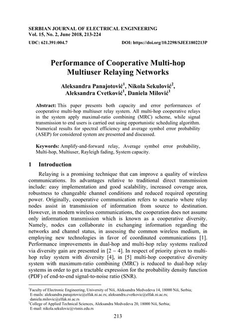 Pdf Performance Of Cooperative Multi Hop Multiuser Relaying Networks