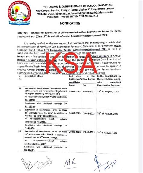 Jkbose 11th Exam Forms Bi Annual Private 2023 Last Date Fee