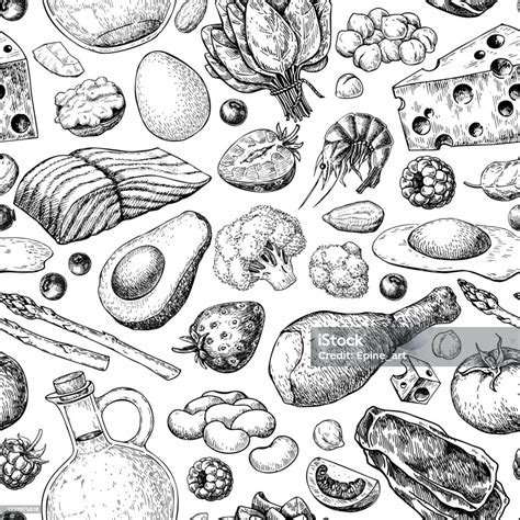 케토 다이어트 벡터 원활한 패턴 그리기 케톤 생성 손으로 그린 배경 빈티지 인그레이빙 스케치 음식에 대한 스톡 벡터 아트 및 기타 이미지 Istock