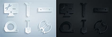 삽 건설 버블 레벨 룰렛 구성 렌치 및 화살표를 워크플로 금속 나사 및 컴퓨터 모니터 서비스 아이콘으로 설정합니다 벡터 3차원