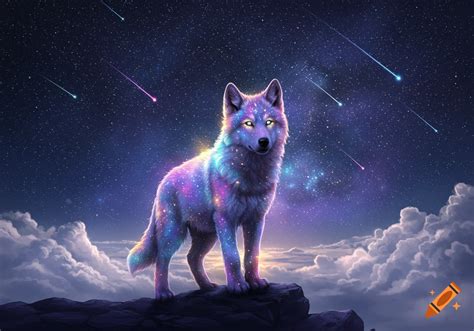A Vibrant Glowing Galaxy Wolf With Fur Patterned Like A Nebula