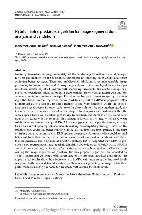 Hybrid Marine Predators Algorithm For Image Segmentation Analysis And Validations Request Pdf