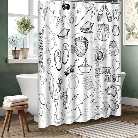 East Urban Home Beach Sketch Waterproof Shower Curtain Summer Kite