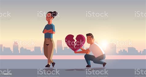 불행한 부부 관계 문제 생활 위기 이혼 일방적 인 사랑 개념 슬픈 남자를 들고 깨진 마음 도시 경관 배경 플랫 전체 길이 수평 가공의 인물에 대한 스톡 벡터 아트 및 기타