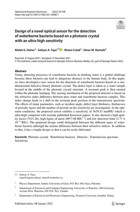 Pdf Design Of A Novel Optical Sensor For The Detection Of Waterborne