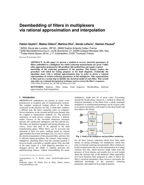 Pdf Deembedding Of Filters In Multiplexers Via Rational Approximation And Interpolation