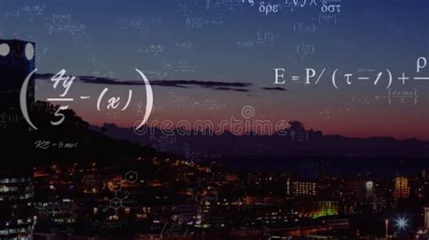 Mathematical Equations And Scientific Symbols Animation Over Cityscape
