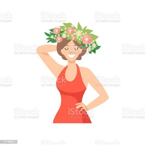 그녀의 머리에 꽃 화환 꽃 화환과 함께 행복 한 우아한 소녀의 초상화와 꽃 화환과 빨간 드레스 벡터 일러스트레이트와 젊은 아름다운 여자 개인 장식품에 대한 스톡 벡터 아트
