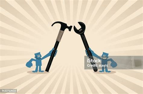 미소 짓고 조정 가능한 렌치와 망치를 들고있는 강한 노동자 건설 현장에 대한 스톡 벡터 아트 및 기타 이미지 건설 현장 광선 근로자의 날 Istock