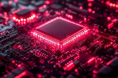 Futuristic Red Glowing Circuit Board With Central Microchip For Technology Design Generative Ai