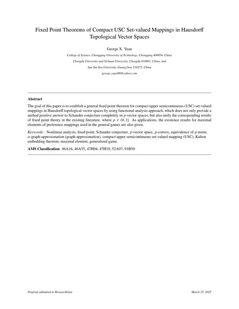 Pdf Fixed Point Theorems Of Compact Usc Set Valued Mappings In Hausdorff Topological Vector Spaces