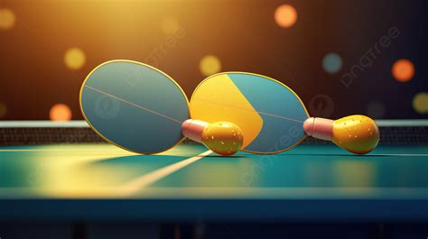 3d 렌더링으로 테이블에 탁구 패들 탁구 또는 탁구를 하는 가족을 특징으로 하는 3d 그림 복사 공간이 있는 화려한 파란색 금색 배경에 세 개의 노란색 라켓 고화질
