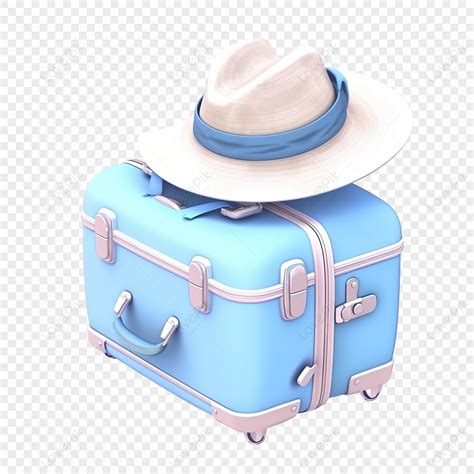 관광 광고를 위한 흰색 모자 3d 그림 여행 개념이 있는 파란색 가방 여행 수하물지구수송 Png 일러스트 무료 다운로드