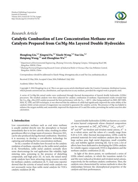 Pdf Catalytic Combustion Of Low Concentration Methane Over Catalysts Prepared From Comg Mn