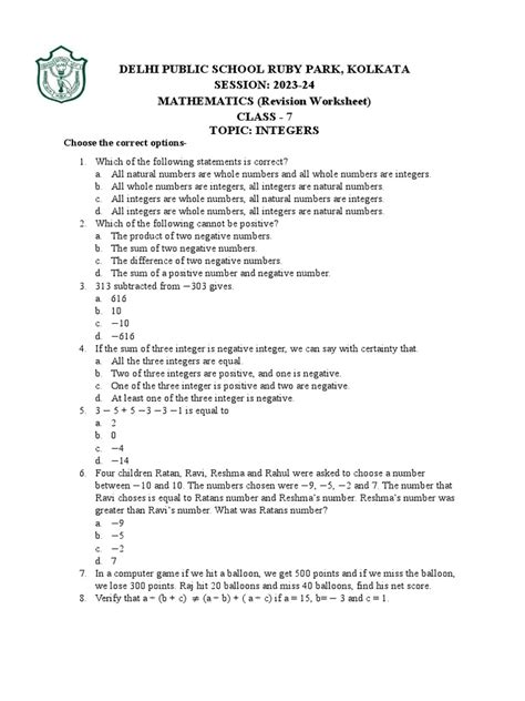 class 7 integer worksheet pdf integer elementary mathematics